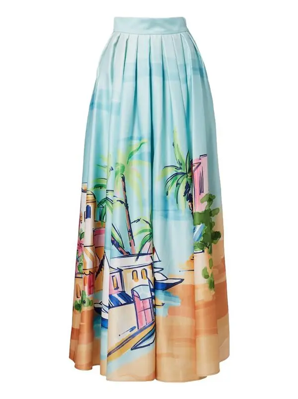 LEO LIN Printed Satin Maxi Skirt - Blue