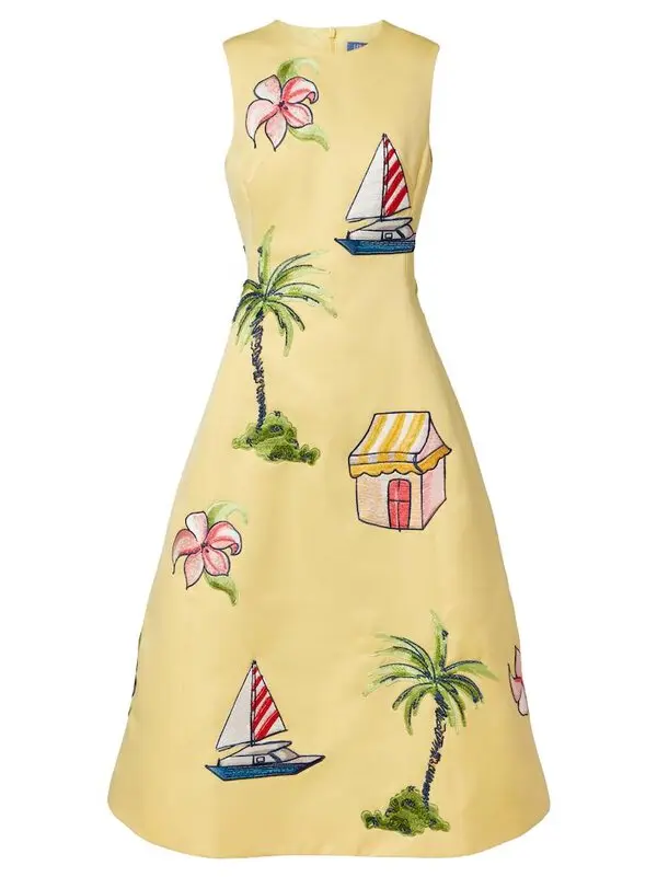 LEO LIN Beaded Patch-appliqué Midi Dress - Yellow
