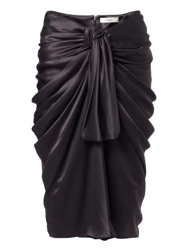 Chloé Gathered Silk Satin Midi Skirt - Black
