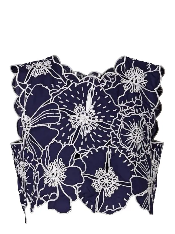 Farm Rio Embroidered Floral Cotton Crop Top - Blue