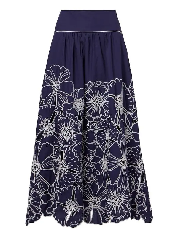 Farm Rio Embroidered Floral Cotton Midi Skirt - Blue