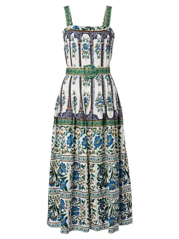 Farm Rio Manoela Belted Floral Linen-blend Pleated Midi Dress - Multicoloured