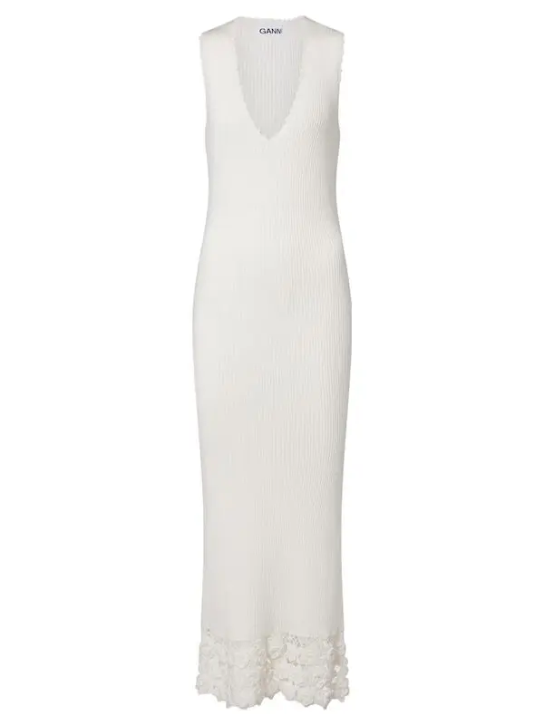 GANNI Crochet-trimmed Ribbed Cotton-blend Midi Dress - White