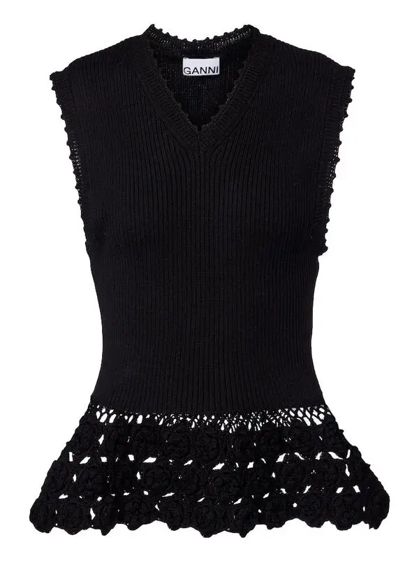 GANNI Crochet-trimmed Ribbed Top - Black