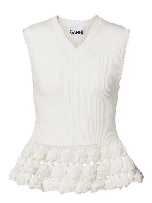 GANNI Crochet-trimmed Ribbed Cotton-blend Top - White
