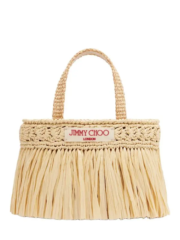 JIMMY CHOO Mini Fringed Raffia Top-handle Bag - Beige