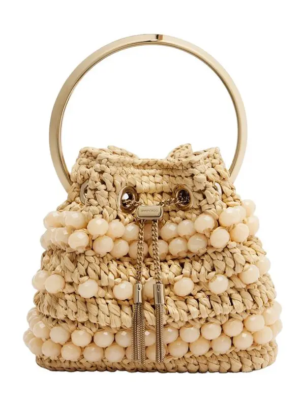 JIMMY CHOO Bon Bon Small Beaded Raffia Bucket Bag - Beige