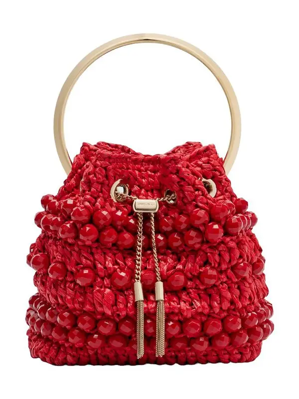 JIMMY CHOO Bon Bon Small Beaded Raffia Bucket Bag - Red