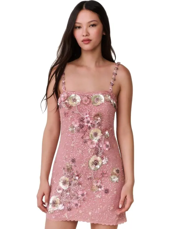 LoveShackFancy Rosmara Sequin Floral Mini Dress - Cherry Blossom