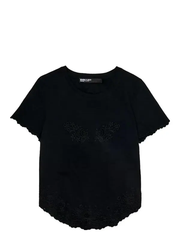 Bimba Y Lola Floral-embroidered Scalloped-trimmed T-shirt - Black