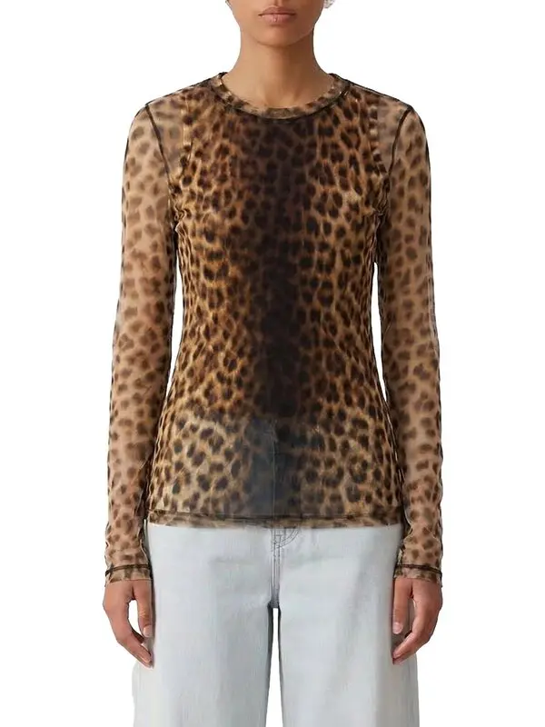 Sportmax Animal Print Jersey And Tulle Long Sleeve Top - Brown