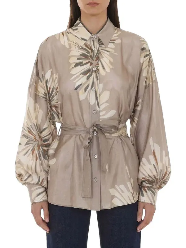 Brunello Cucinelli Floral Print Silk Shirt With Tie Detail - Kaki