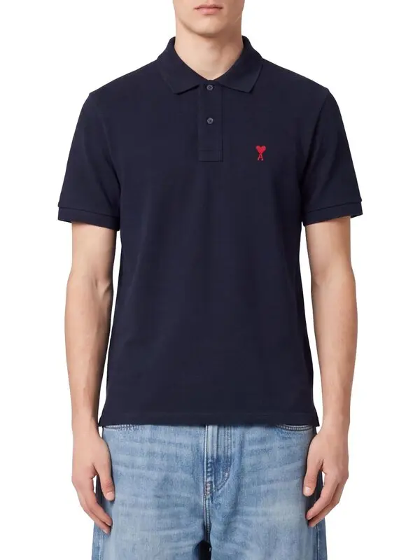 AMI Paris Short-sleeved Polo Shirt In Organic Cotton With Embroidered Logo - Blue