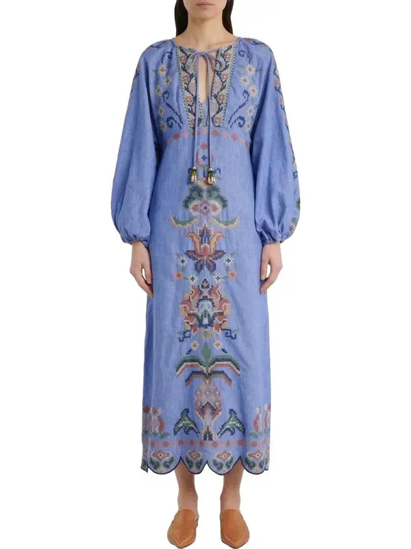 Farm Rio Garden Tapestry Embroidered Linen Midi Dress - Blue