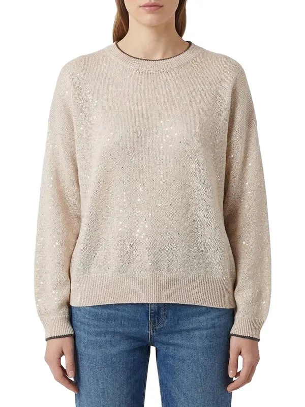 Brunello Cucinelli Sequined Linen And Cotton Crew Neck Pullover - Nude