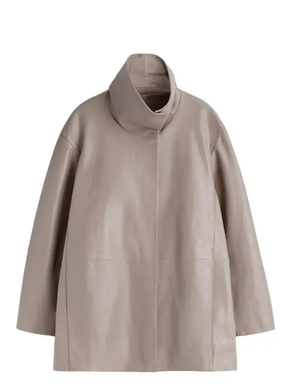 Cos Oversized Leather Mock-neck Bomber Jacket - Beige
