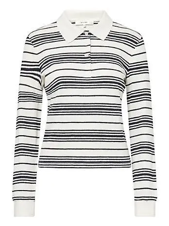 FRAME Striped Long-sleeve Linen-blend Polo Top - White Multi