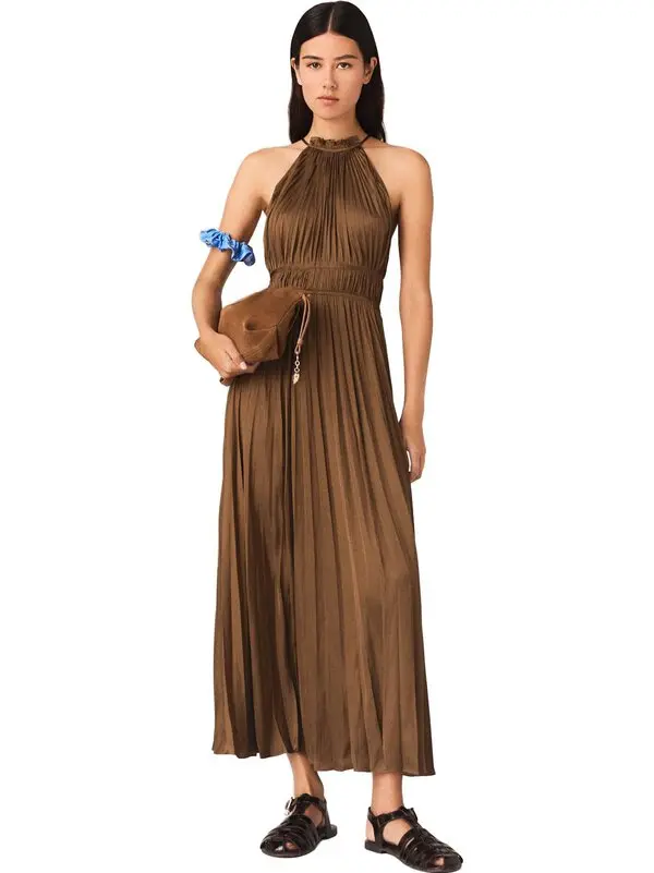 Maje Pleated Halterneck Maxi Dress With Smocked Waist - Brown
