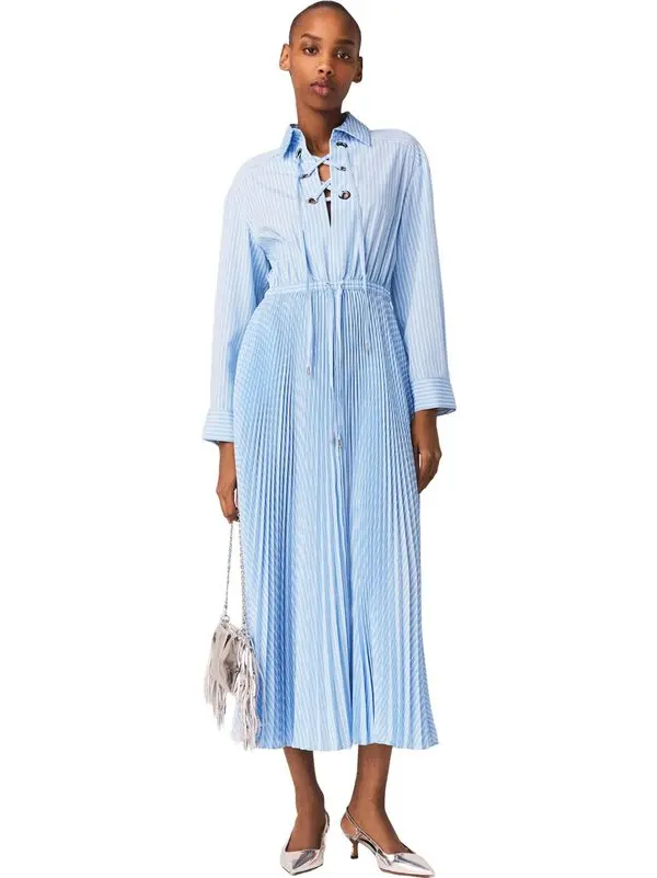 Maje Polyester Long Pleated Shirt Dress - Blue Sky