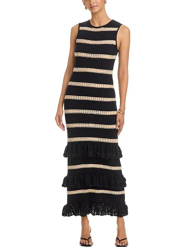 Rails Ana Ruffle Tiered Knit Maxi Dress - Black Oat Stripe