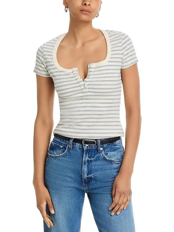 ASKK NY Double Stripe Scoop Henley Tee - Double Stripe Blue