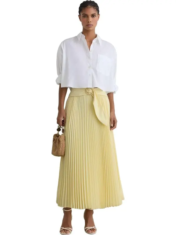 REISS Pleated Belted Midi Skirt - Yellow