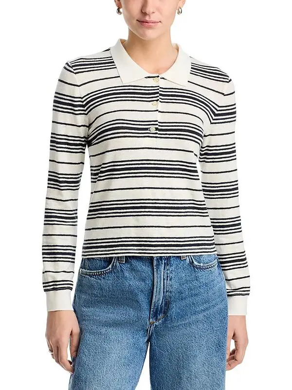 FRAME The Striped Long Sleeve Polo - Cream Multi