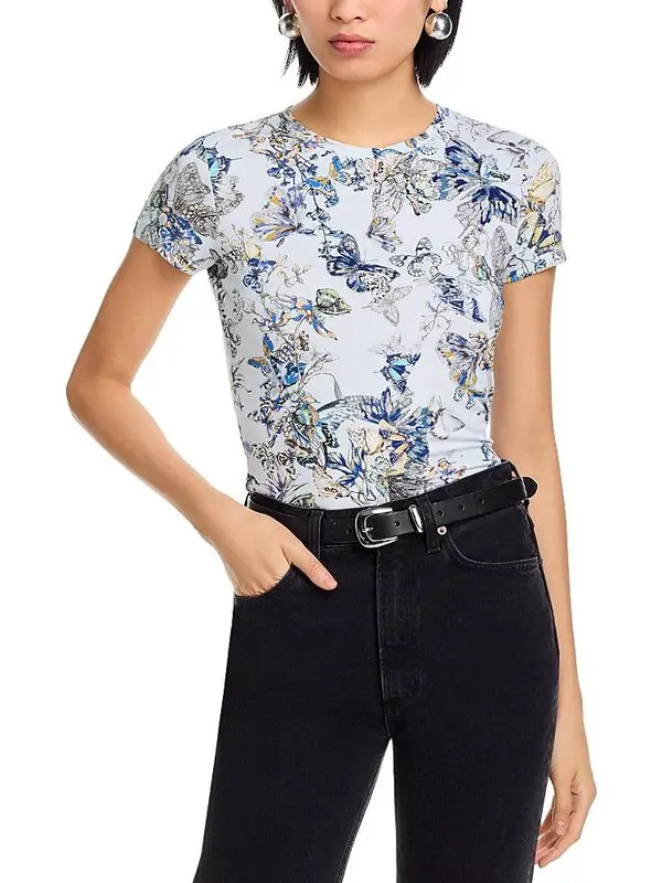 L'Agence Ressi Watercolor Butterfly Short Sleeve Tee - Gray Multi Butterfly