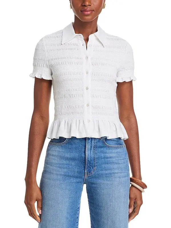 Veronica Beard Ellisandra Smocked Ruffled Blouse - White