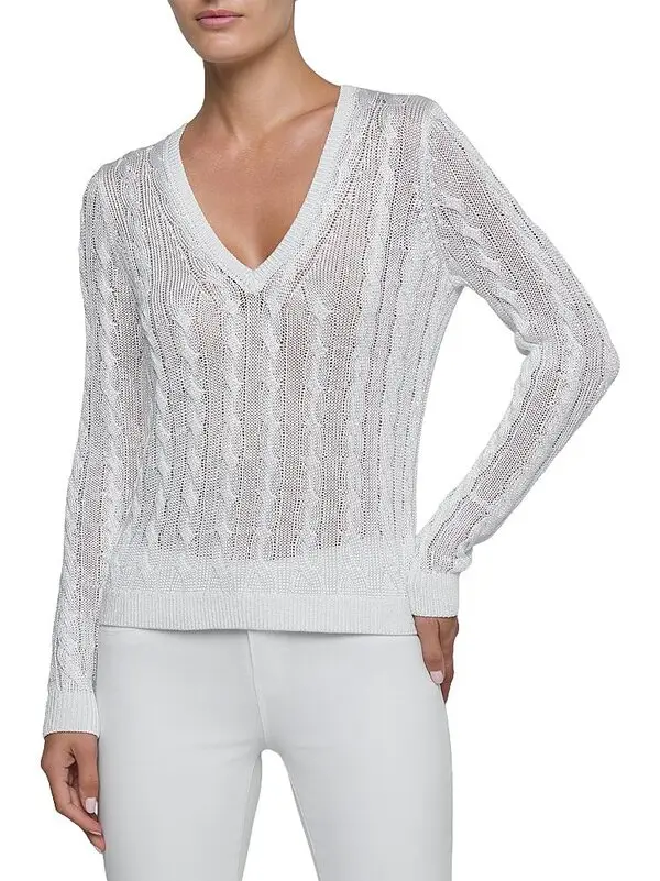 L'Agence Preston Cable V-neck Pullover Sweater - White