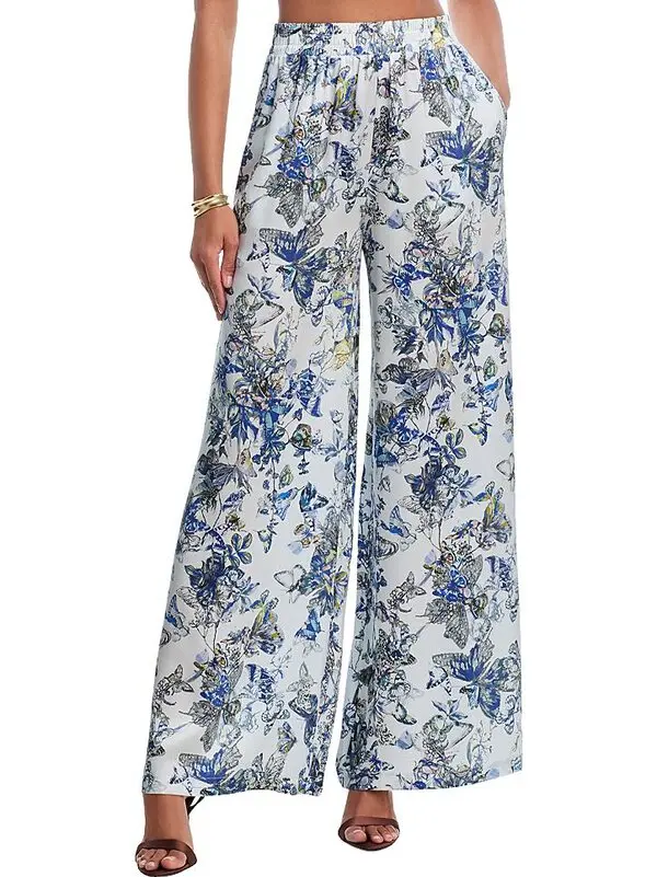 L'Agence Lillian Silk Wide Leg Pants - Gray Watercolor Butterfly