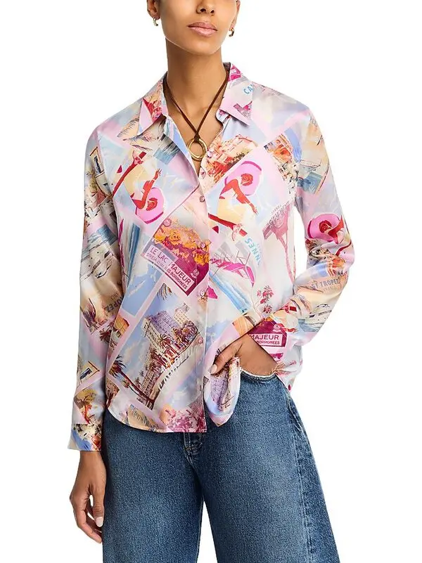 L'Agence Tyler Printed Silk Button-up Shirt - Pink Postcard
