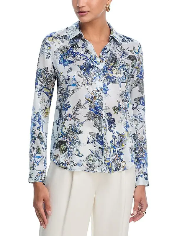 L'Agence Tyler Printed Silk Blouse - Gray Watercolor Butterfly