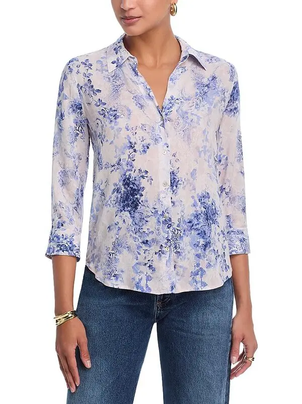 L'Agence Camille 3/4 Sleeve Blouse - Ivory/blue Watercolor