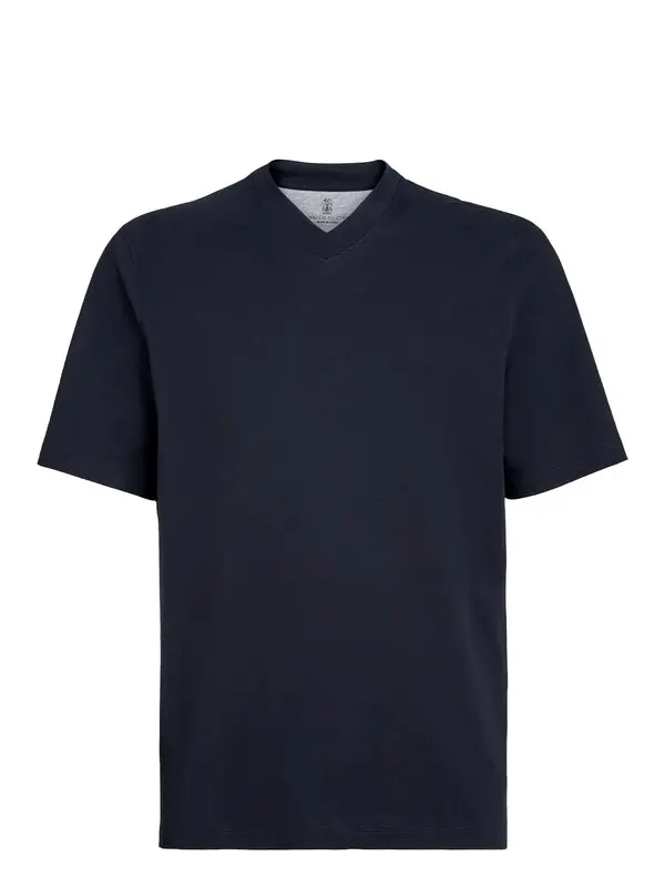 Brunello Cucinelli Cotton Jersey V-neck T-shirt - Blue