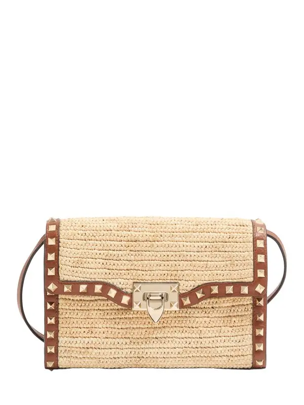 Valentino Garavani Small Leather-raffia Rockstud Shoulder Bag - Pink