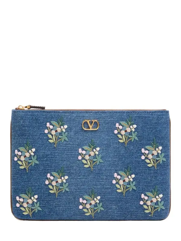 Valentino Garavani Denim Embroidered Vlogo Signature Pouch - Blue