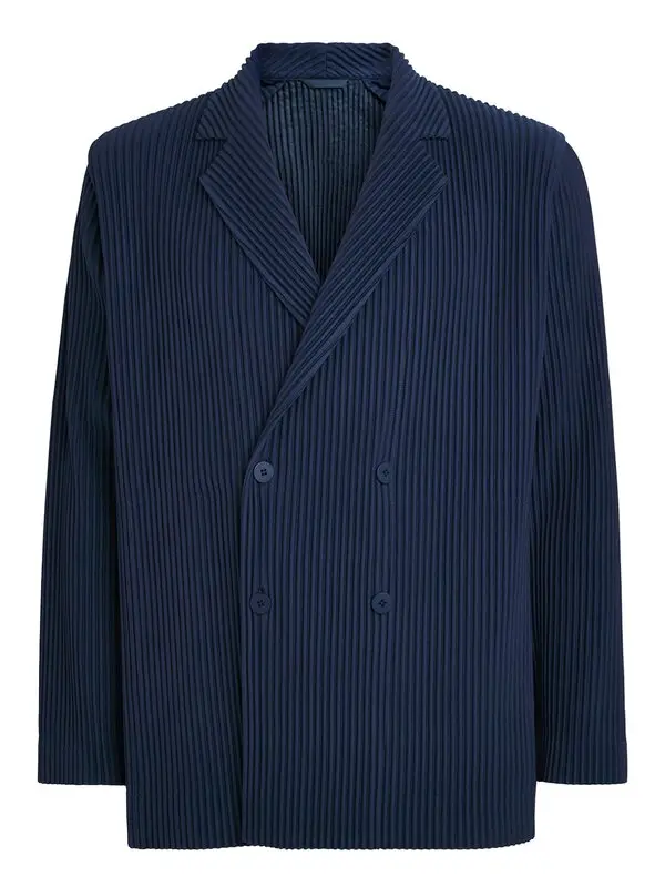 Issey Miyake Pleated Double-breasted Blazer - Navy