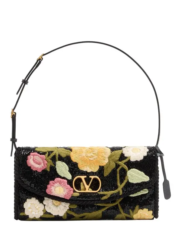 Valentino Garavani Embroidered-floral Devain Shoulder Bag - Black