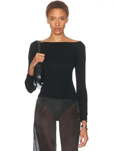 Enza Costa Fine Supima Cotton Long Sleeve Boatneck Top - Black
