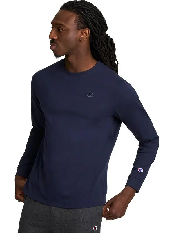 Champion Classic Long Sleeve T-shirt, Embroidered C Logo - Deep Navy
