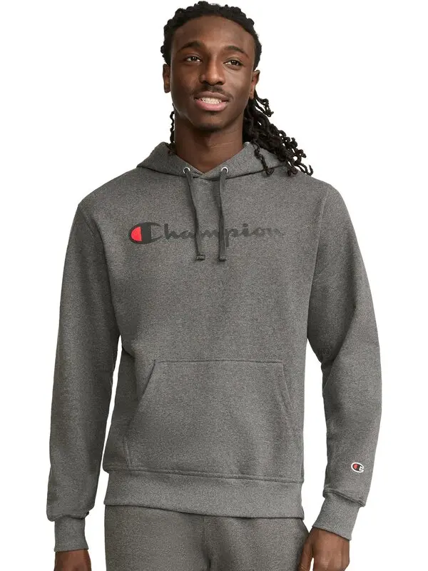 Champion Powerblend Fleece Hoodie With Full Script Logo - Granite Heather