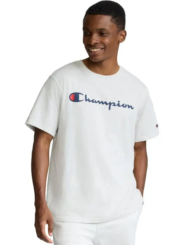 Champion Classic Graphic T-shirt, Script Logo - Platinum Silver Heather