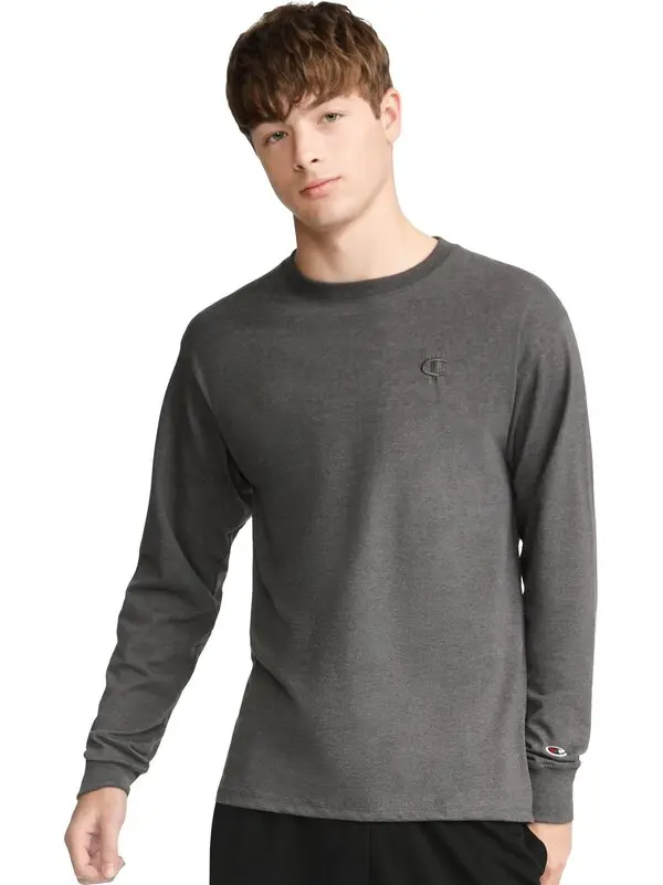 Champion Classic Long Sleeve T-shirt, Embroidered C Logo - Granite Heather