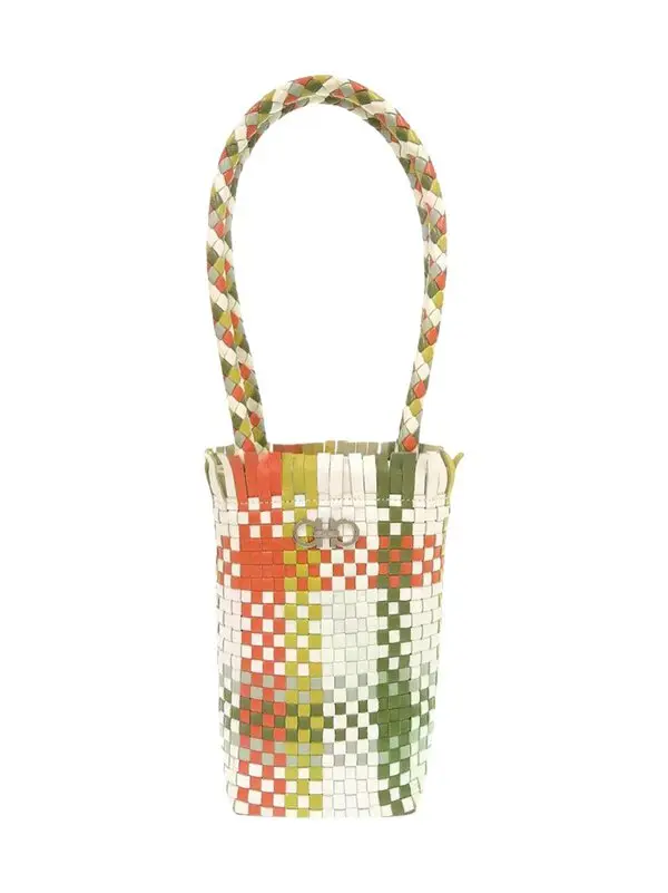 FERRAGAMO Woven Leather Double Gancini Shoulder Bag - Multicolour