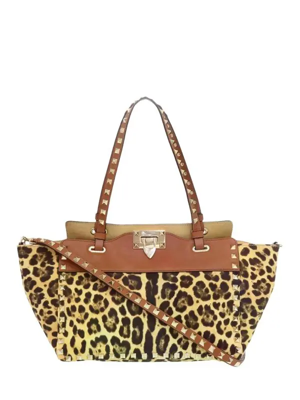Valentino Garavani Small Leopard Printed Rockstud Satchel - Brown