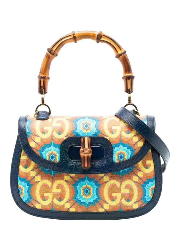 Gucci 2016-2025 100th Anniversary Medium Gg Coated Canvas 1947 Bamboo Top Handle Satchel - Blue