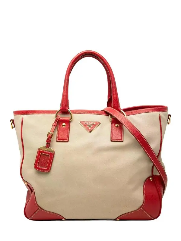 Prada Large Saffiano Trimmed Canapa Convertible Tote Satchel - Red