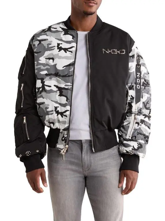 NOTHING GROWS OVERNIGHT Mixed Media Studded Bomber Jacket - Black/camo