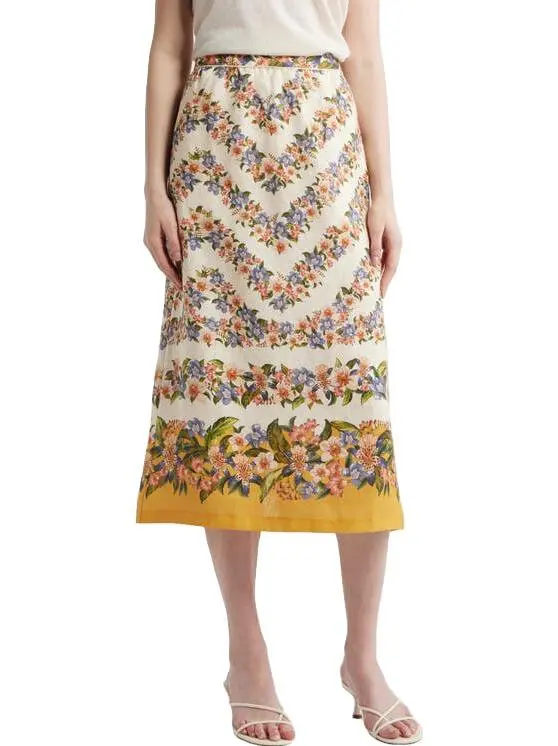 Farm Rio Floral Linen Midi Skirt - Sand